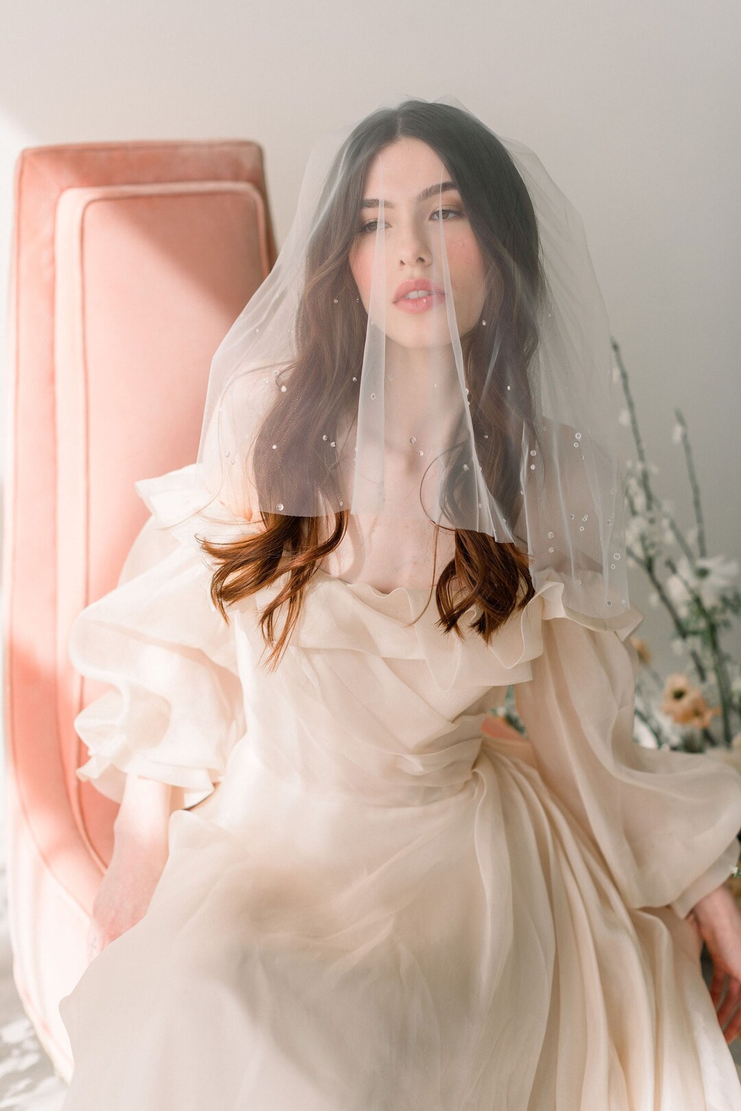Mini Two Tier French Tulle Veil With Dew Drops - Blusher Wedding Veil ...