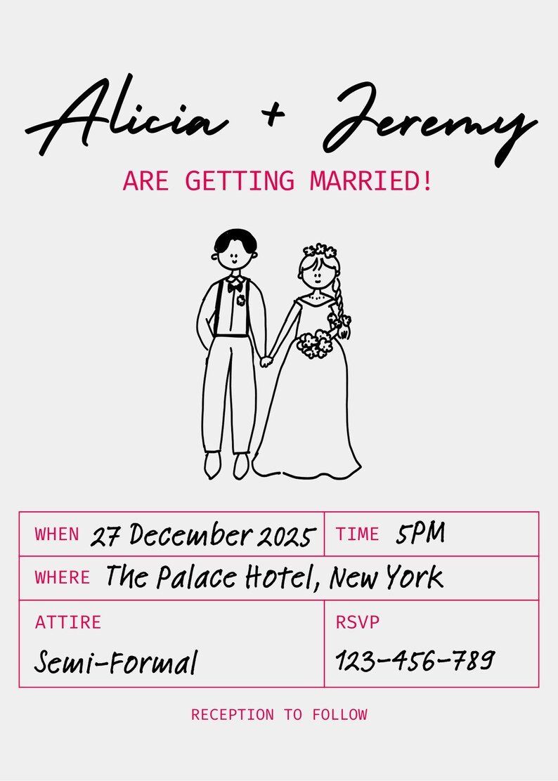 Minimalist Wedding Invitation Template, Hand Drawn Illustration, Quirky ...