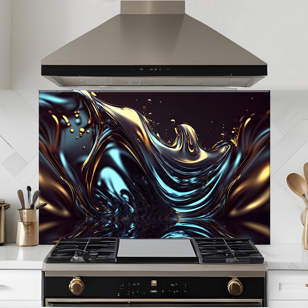 Blue Gold Abstract Wave Tempered Glass Backsplash-abstract Wave ...