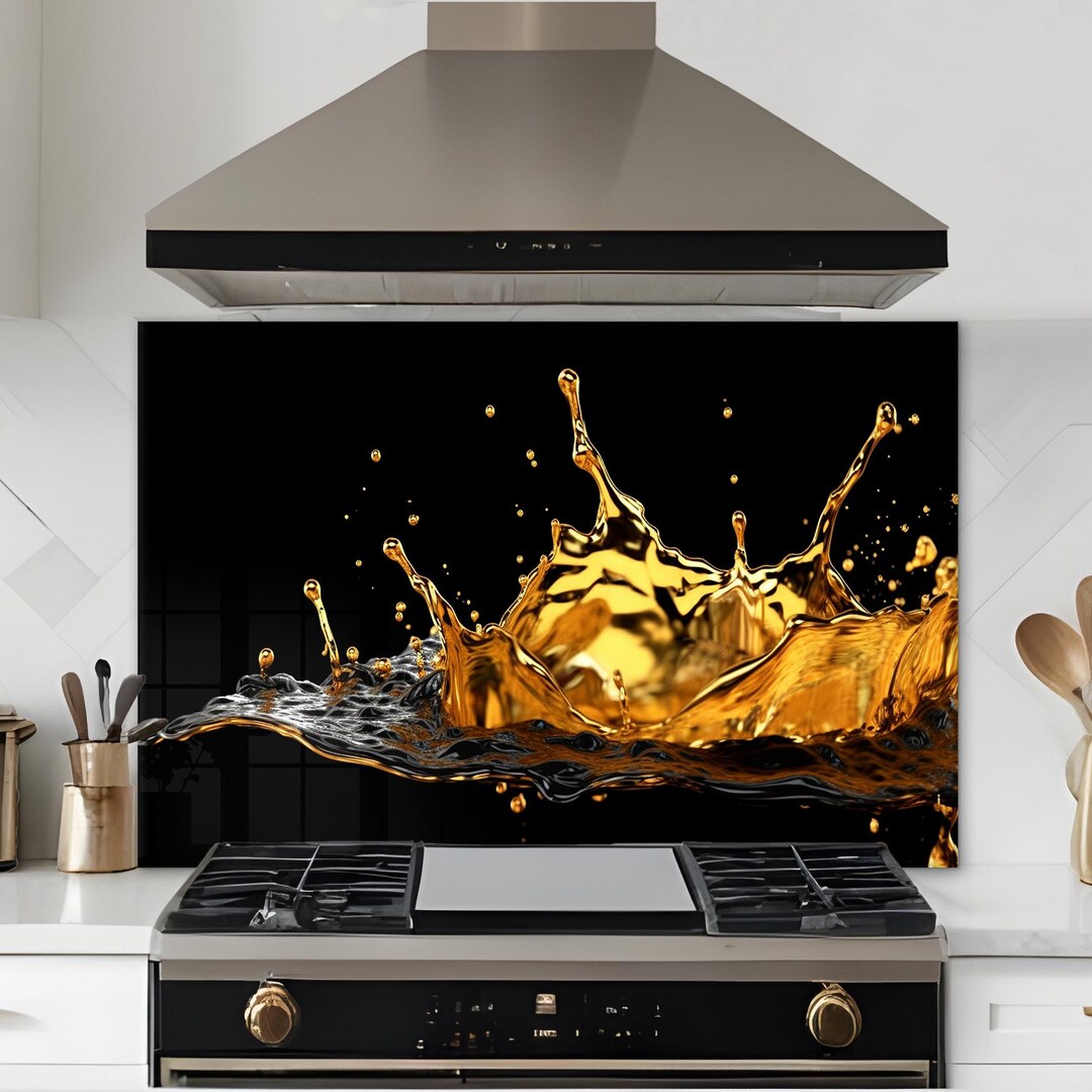 Gold Abstract Splash Tempered Glass Backsplash-gold Splash Backsplash ...