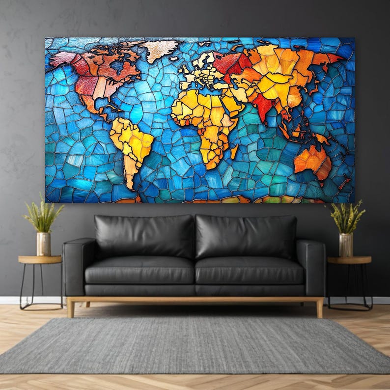 Stained World Map Tempered Glass Wall Art, Extra Large Wall Art, Office ...