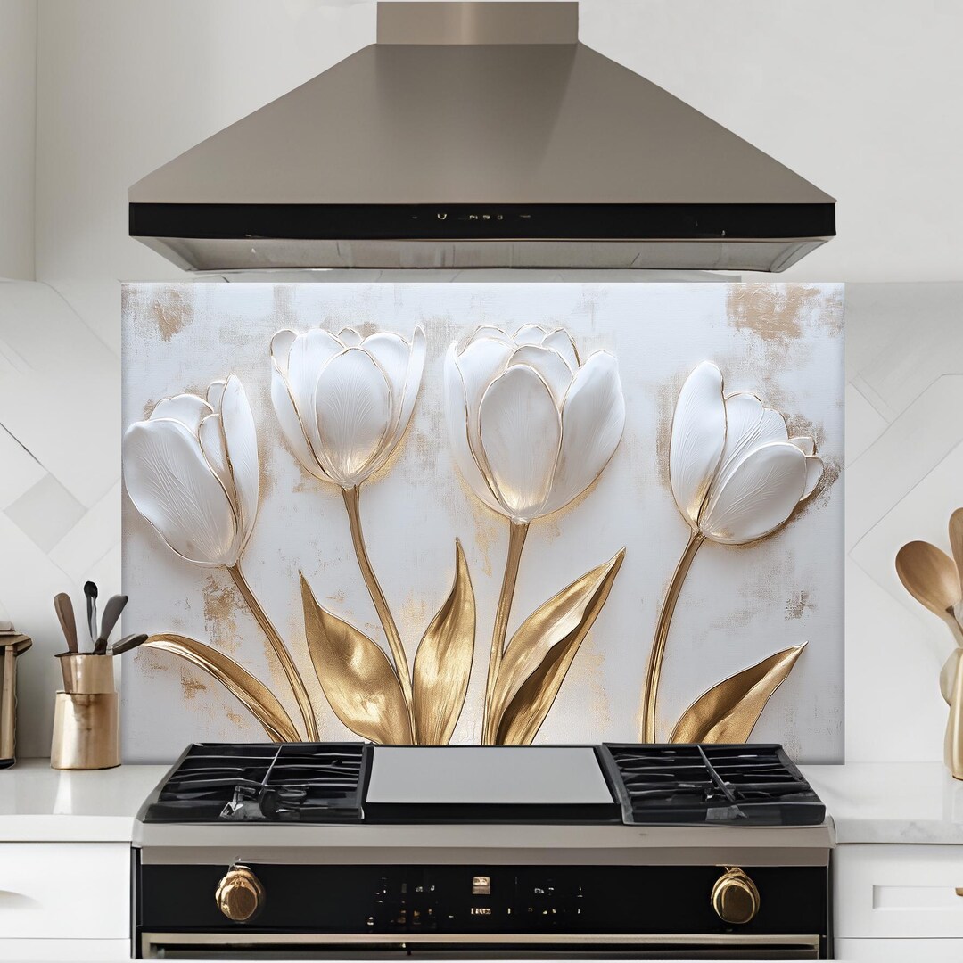 Tulip Flower Tempered Glass Backsplash Tiles - White Gold Flower ...