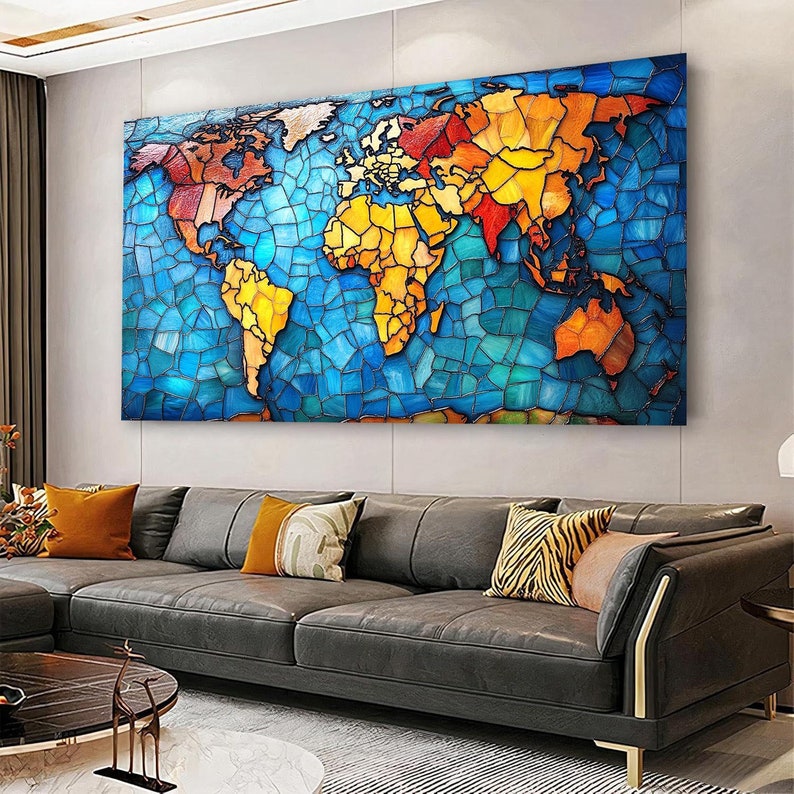 Stained World Map Tempered Glass Wall Art, Extra Large Wall Art, Office ...