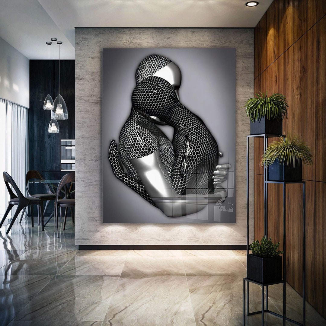 3D Silver Hugging Couple Tempered Glass Wall Art - Extra Large - Etsy