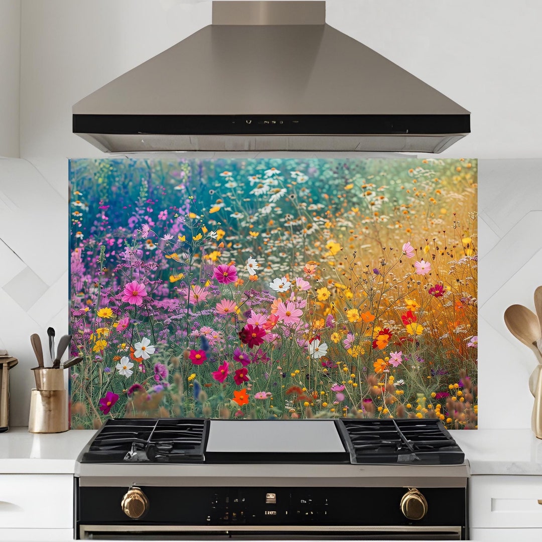 Wildflowers Field Tempered Glass Floral Backsplash Tiles - Flower ...