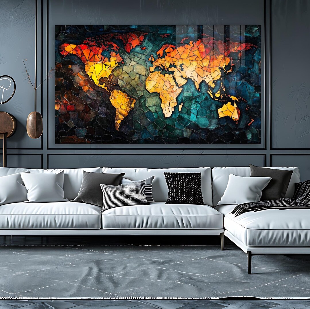 Stained World Map Tempered Glass Wall Art: Extra Large Office Decor - Etsy