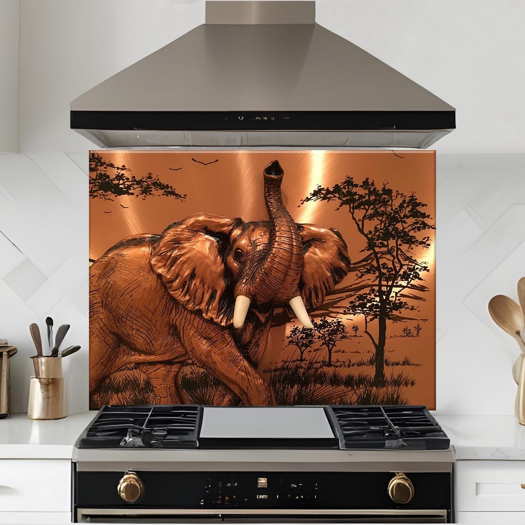 Copper Elephant Tempered Glass Stove Backsplash - Rustic Kitchen ...