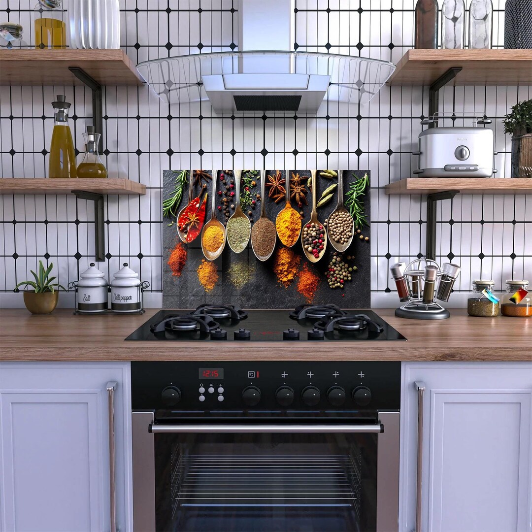 Indian Spices Glass Backsplash, Kitchen Backsplash Tiles, Stove ...