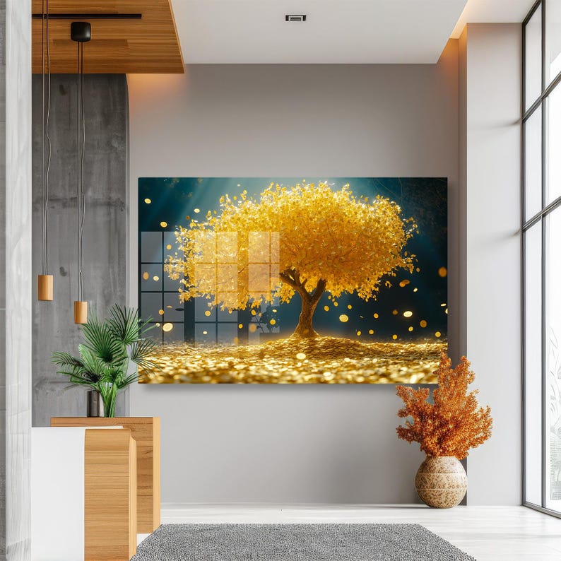 Gold Money Tree Tempered Glass Wall Art: Feng Shui Abundance Decor - Etsy