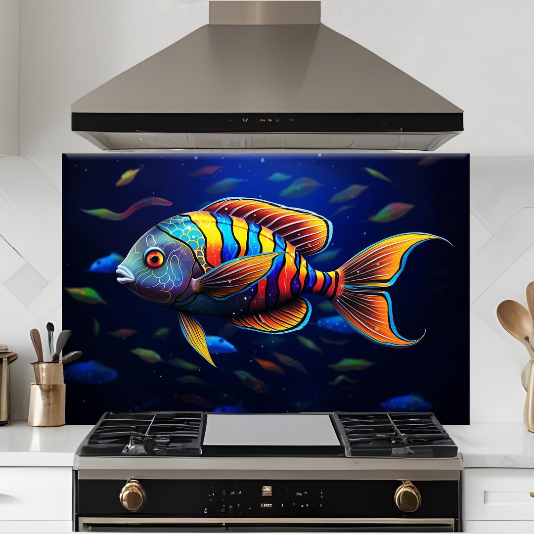 Colorful Fish Tempered Glass Backsplash Tiles Tropical Backsplash ...