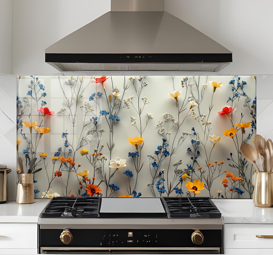 Floral Tempered Glass Backsplash Tiles - Flower Kitchen Backsplash for ...