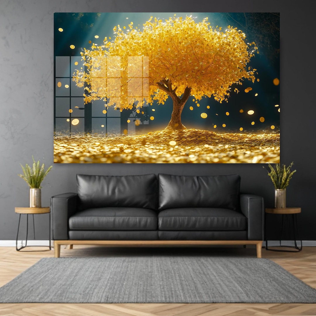 Gold Money Tree Tempered Glass Wall Art: Feng Shui Abundance Decor - Etsy