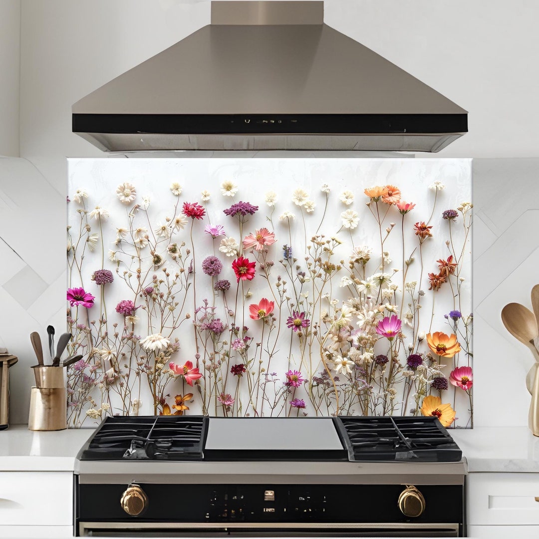 Wildflower Tempered Glass Backsplash Tiles - Flower Kitchen Backsplash ...
