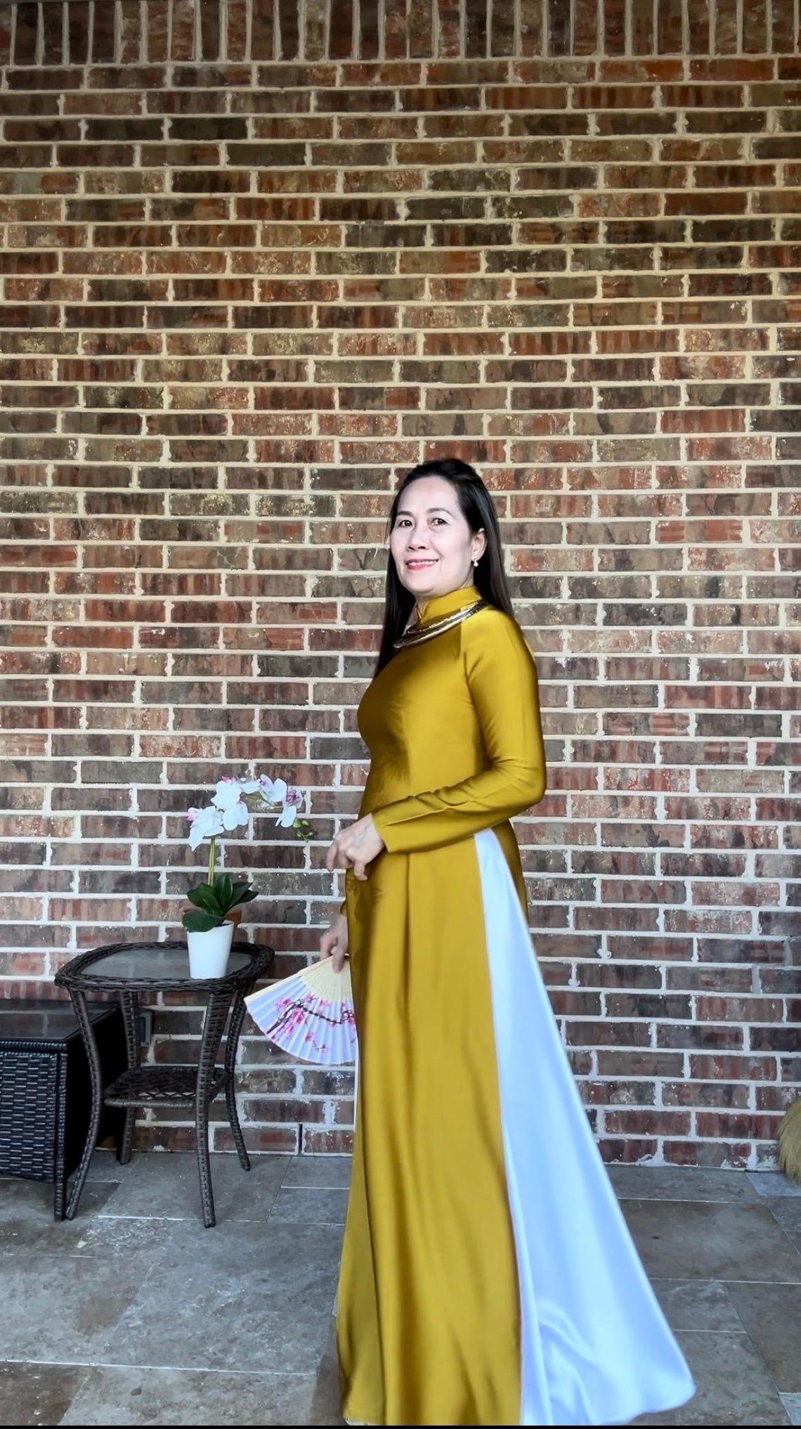 Mustard Color Floral Design Ao Dai Vietnamese Lua Thai Tuan 4D Pure ...