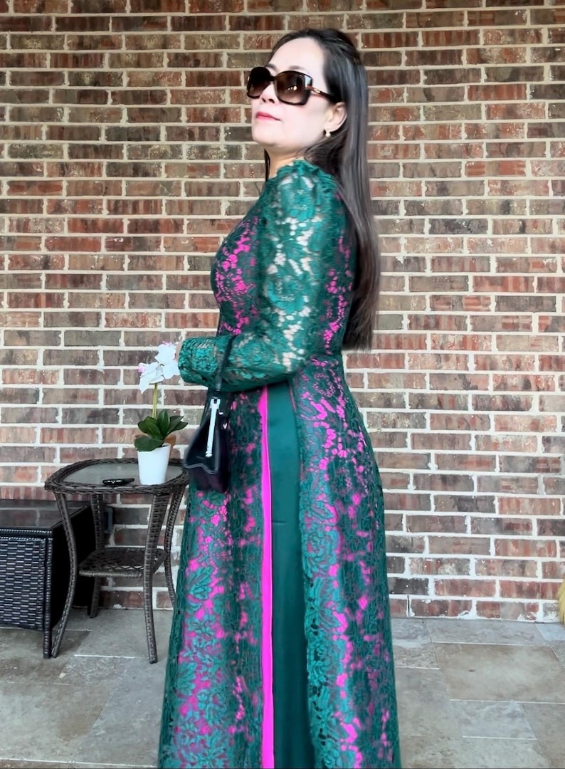 Vietnamese Traditional Ao Dai ,ren,chiffon Double Layer.green,with Hot ...