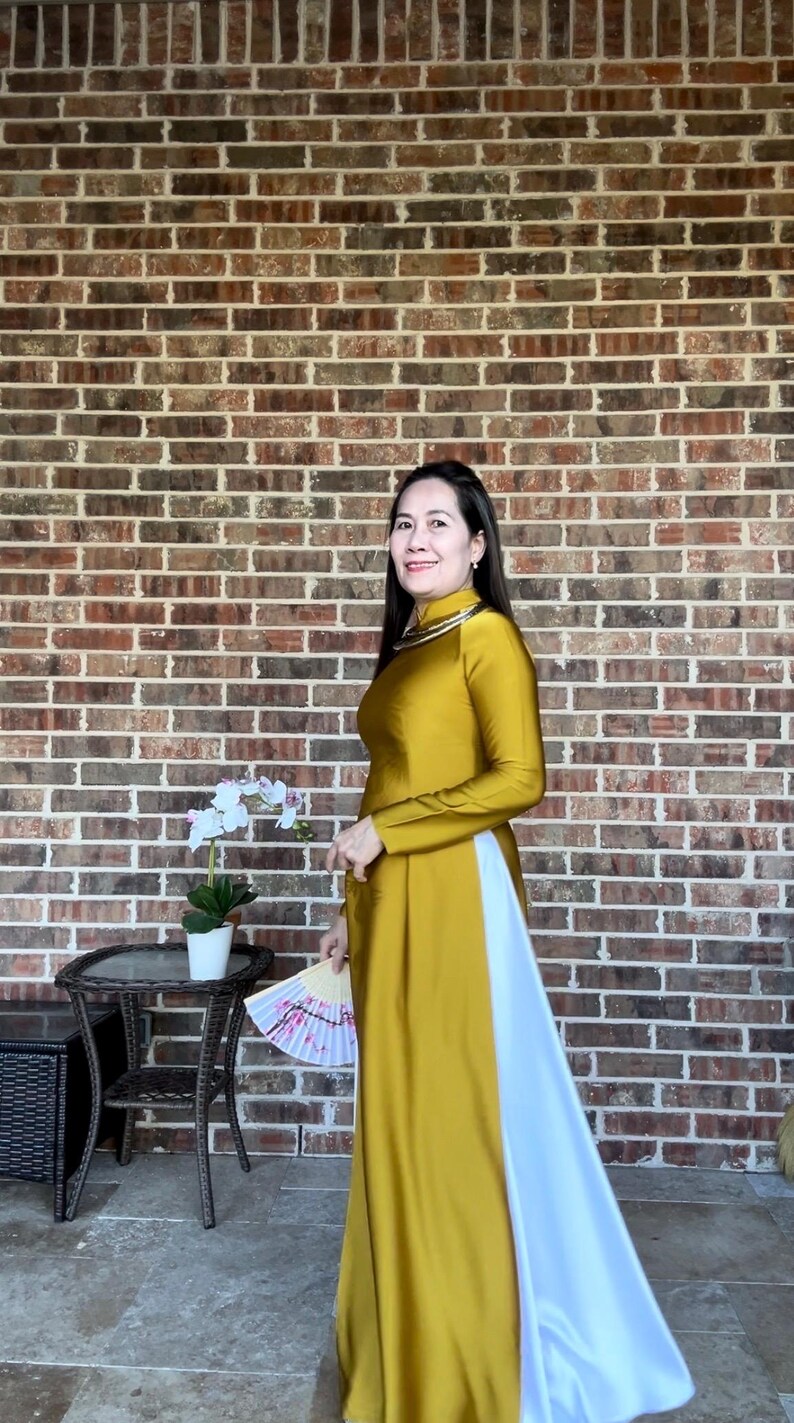 Mustard Color Floral Design Ao Dai Vietnamese Lua Thai Tuan 4D Pure ...
