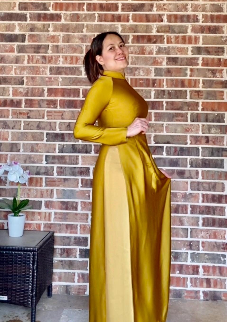 Mustard Color Floral Design Ao Dai Vietnamese Lua Thai Tuan 4D Pure ...