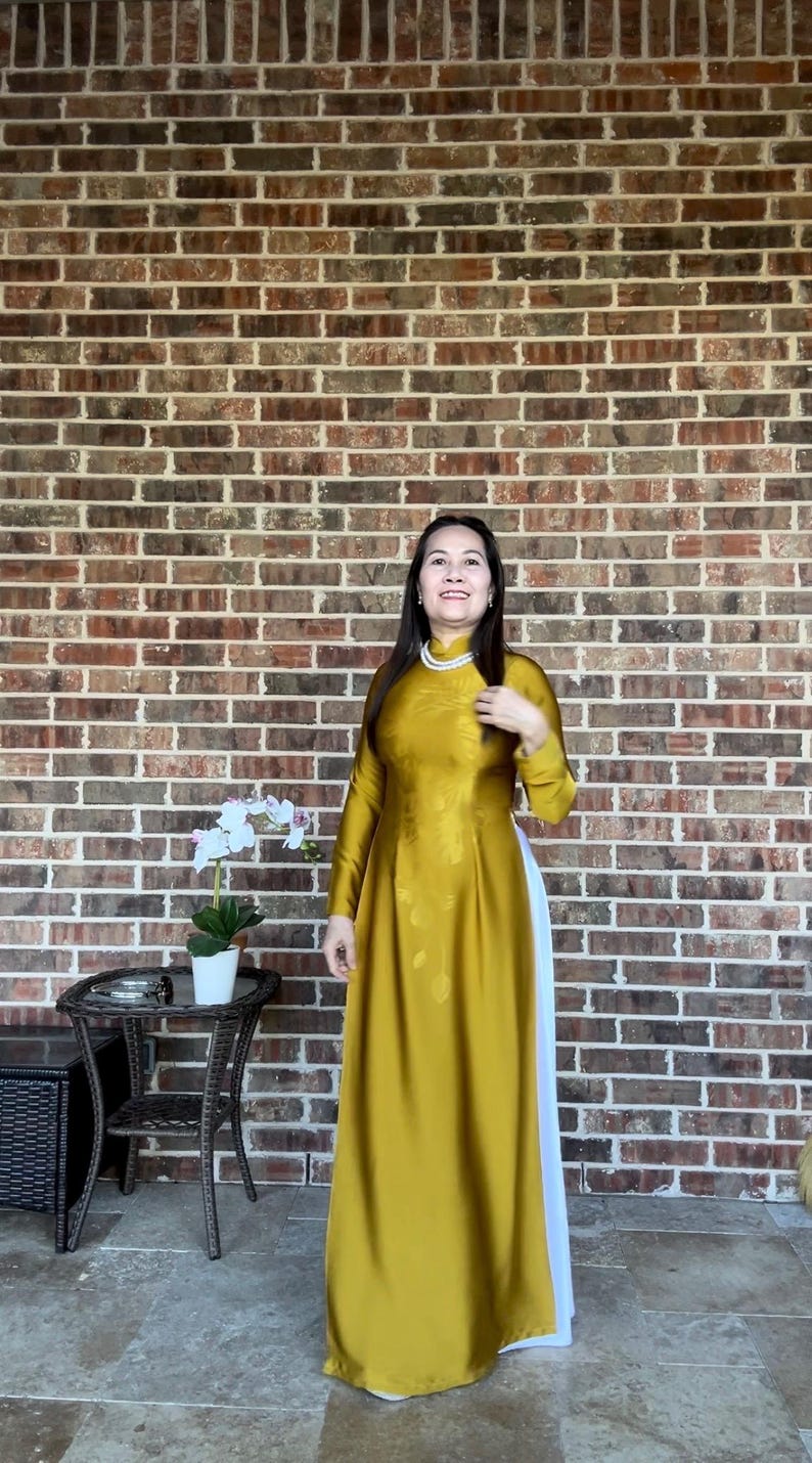 Mustard Color Floral Design Ao Dai Vietnamese Lua Thai Tuan 4D Pure ...