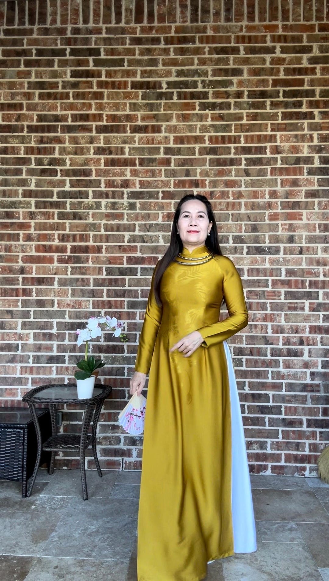 Mustard Color Floral Design Ao Dai Vietnamese Lua Thai Tuan 4D Pure ...