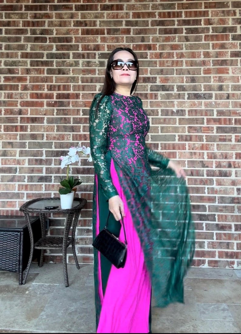Vietnamese Traditional Ao Dai ,ren,chiffon Double Layer.green,with Hot ...