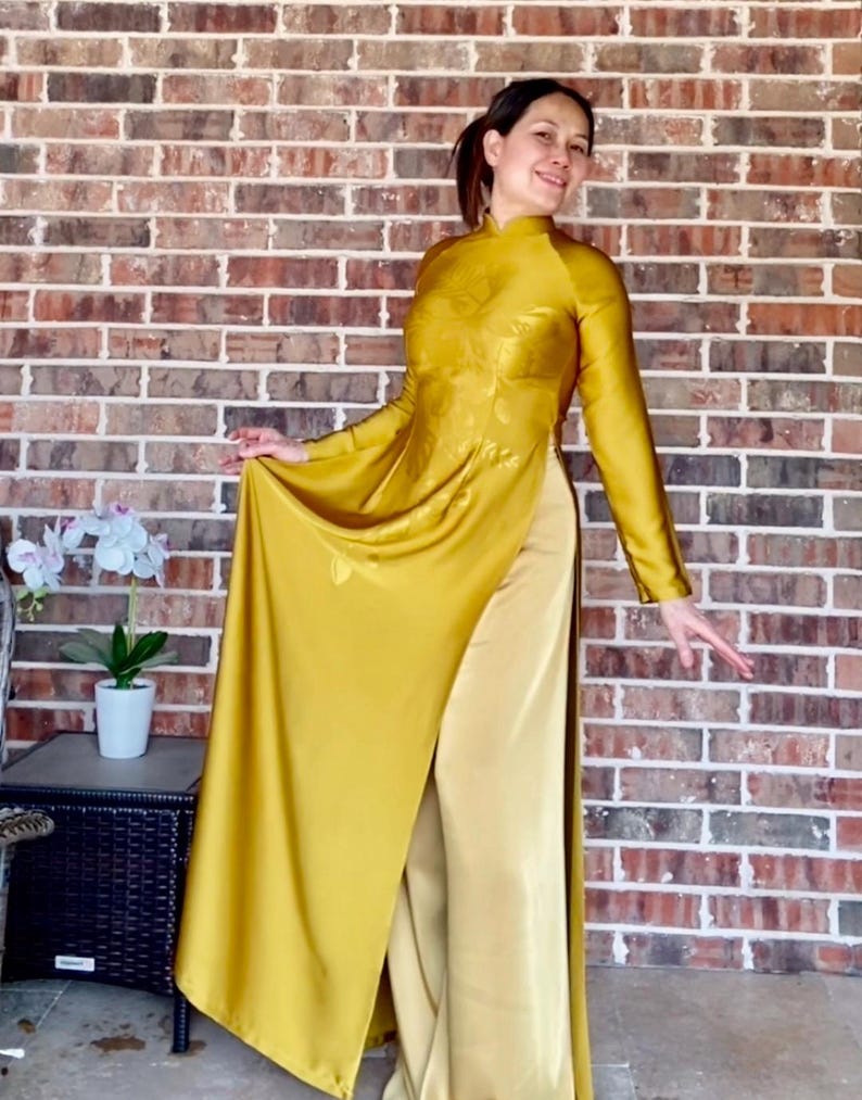 Mustard Color Floral Design Ao Dai Vietnamese Lua Thai Tuan 4D Pure ...