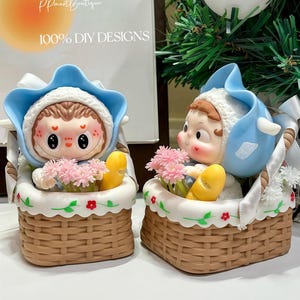 Labubu Picnic-themed Clay Display Piece With Blue Hair Bow & Baguette ...