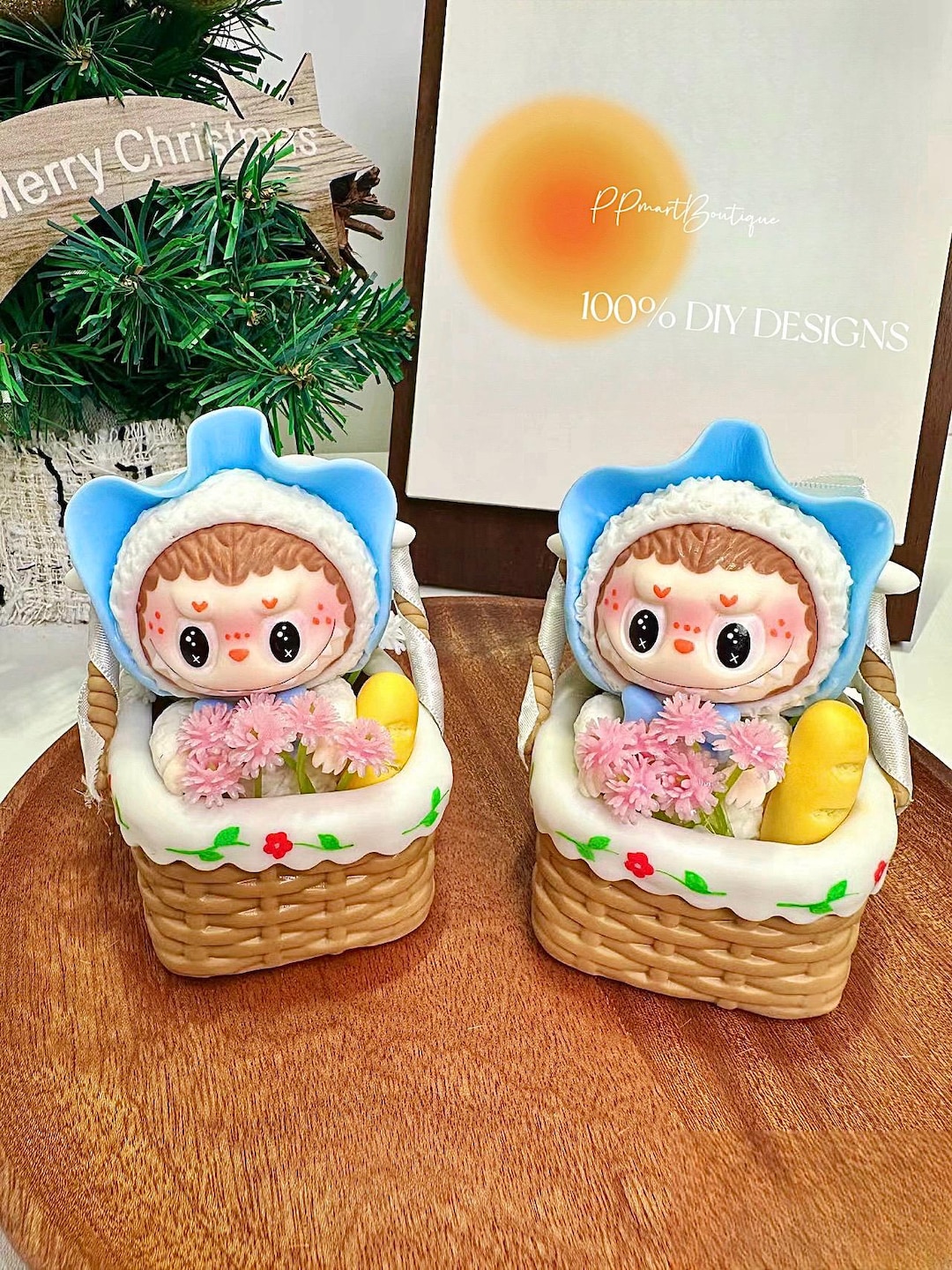 Labubu Picnic-themed Clay Display Piece With Blue Hair Bow & Baguette ...