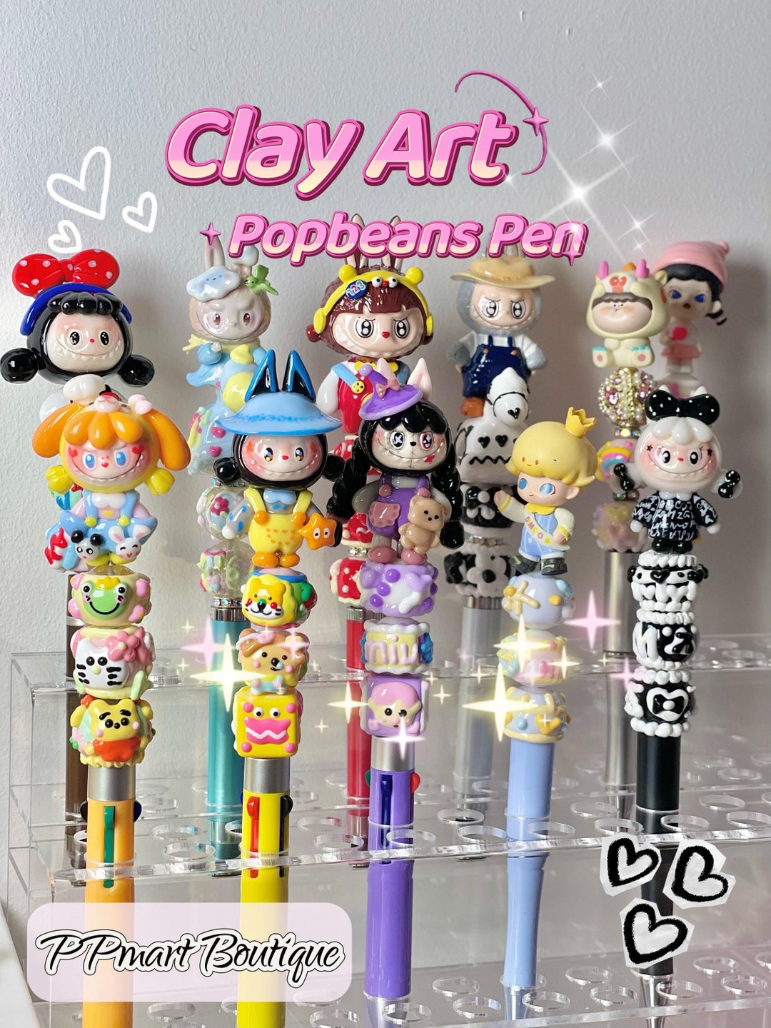 Handcrafted Labubu Popbean Clay Art Ballpoint Pens Multicolor Bright ...