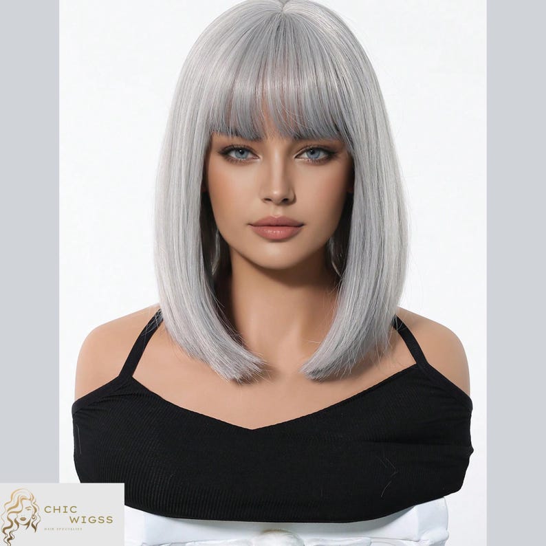 Silver Bob Wig With Bangs, 14-inch Straight Synthetic Wig, Heat ...
