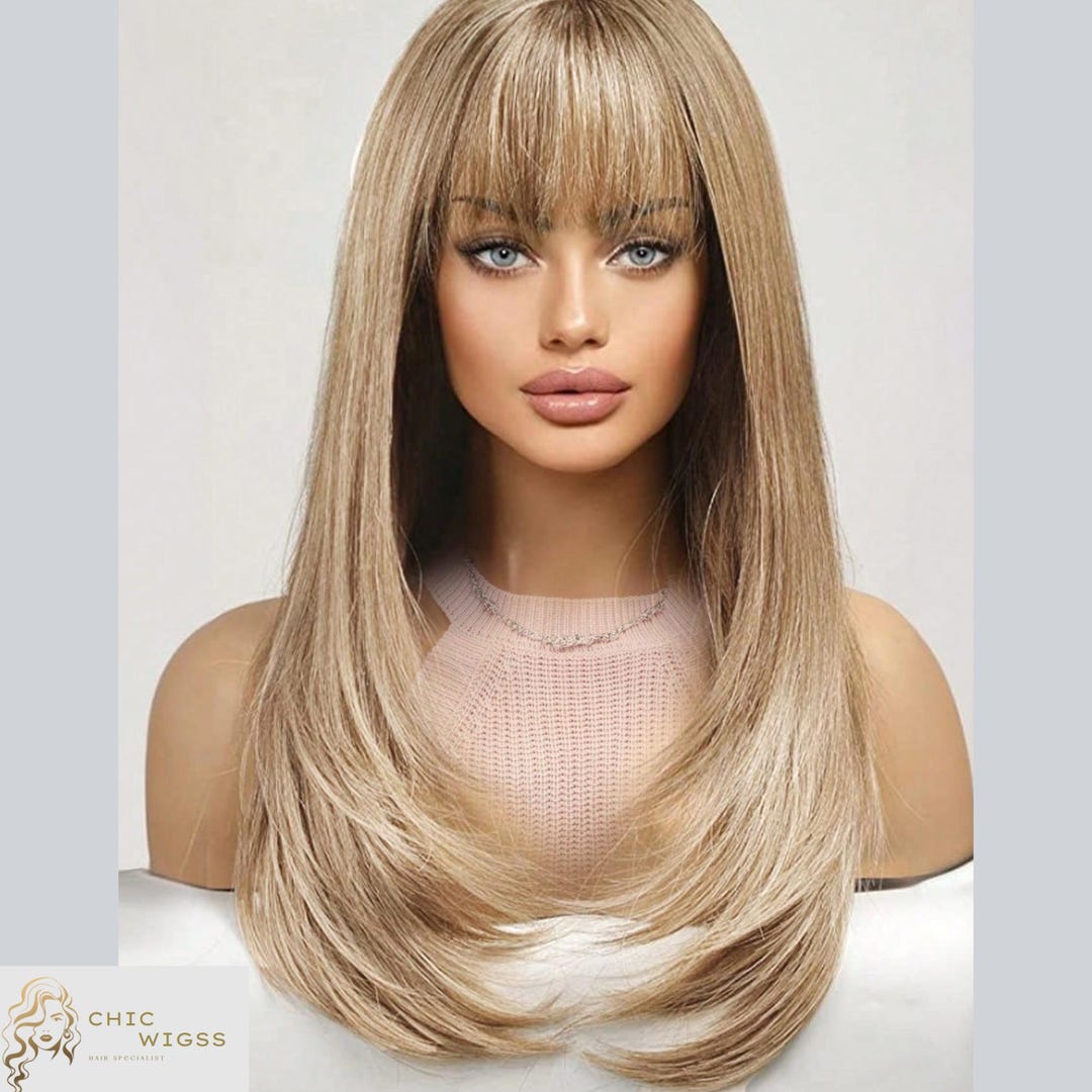 22 Inch Long Blonde Wig With Bangs, Layered Synthetic Hair, Heat ...