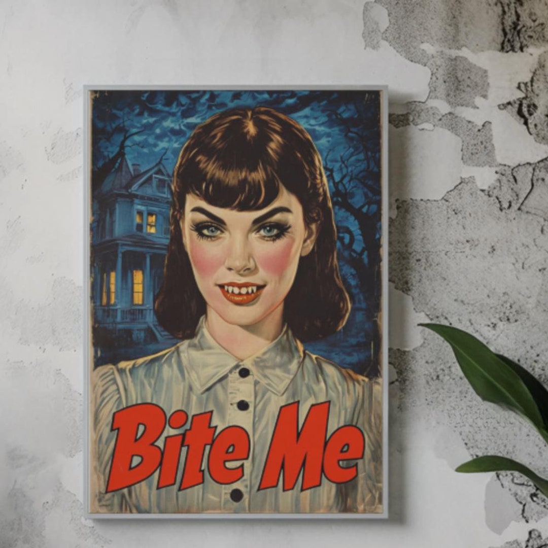 Vintage Vampire Woman Bite Me Rolled Poster, Halloween Home Decor Wall ...