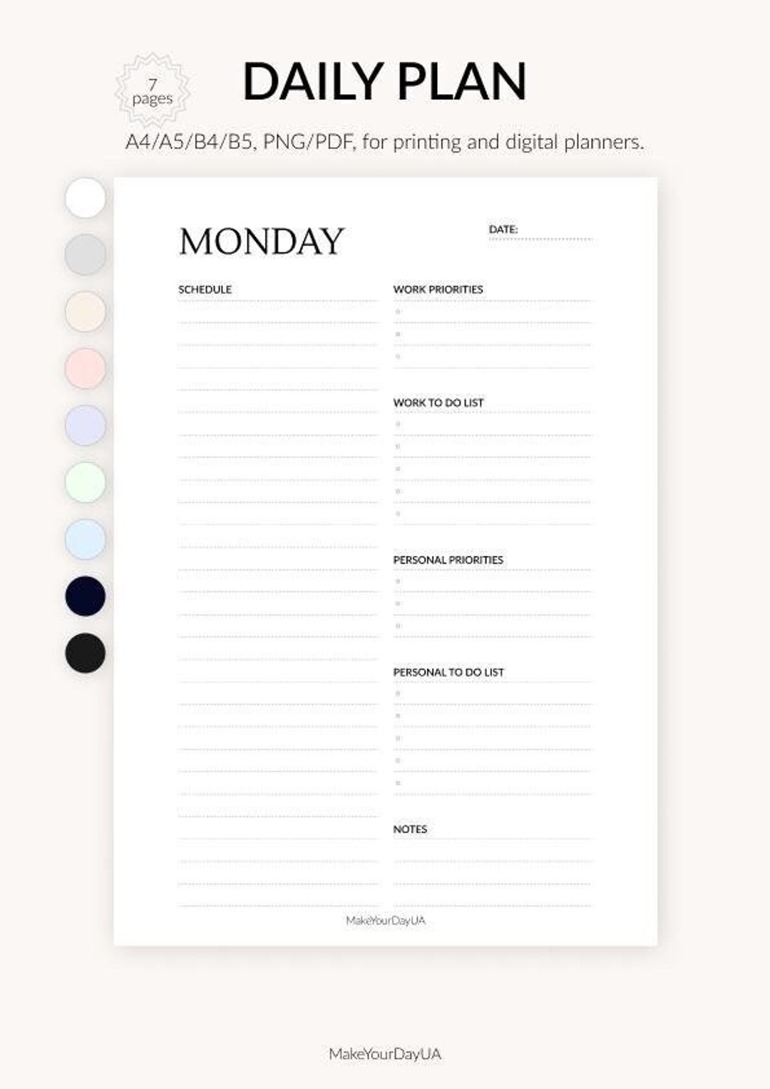 Daily Planner – 7 Pages (one for Each Day of the Week) – Schedule ...