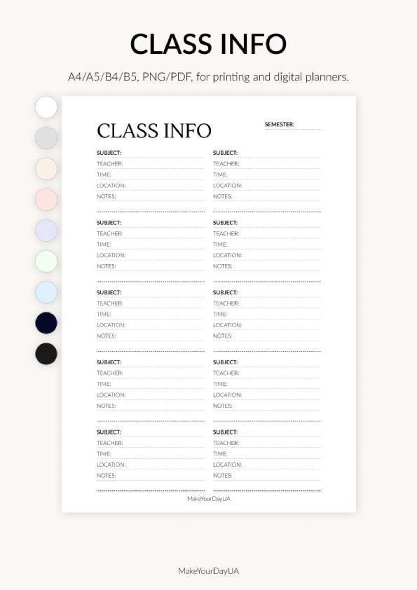 Class Info Template | Printable and Digital | A4, A5, B4, B5 | 9 Colors ...