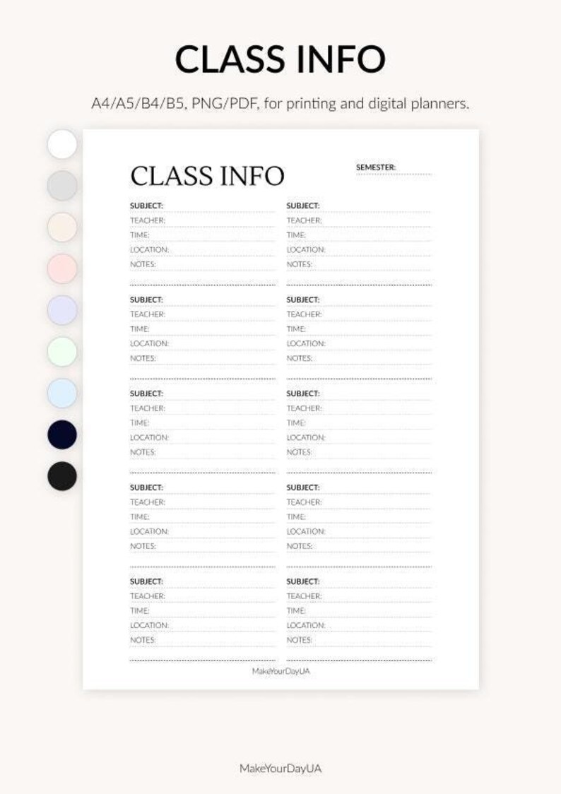 Class Info Template | Printable and Digital | A4, A5, B4, B5 | 9 Colors ...