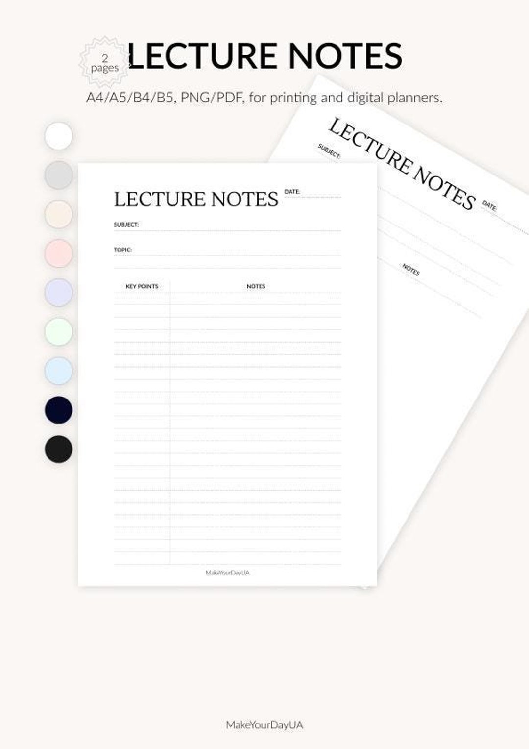 Lecture Notes Template | Printable and Digital | A4, A5, B4, B5 | 9 ...