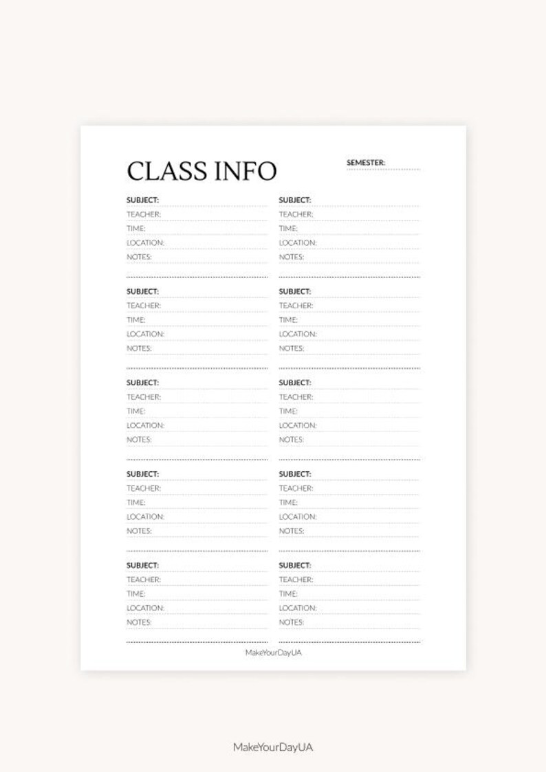 Class Info Template | Printable and Digital | A4, A5, B4, B5 | 9 Colors ...