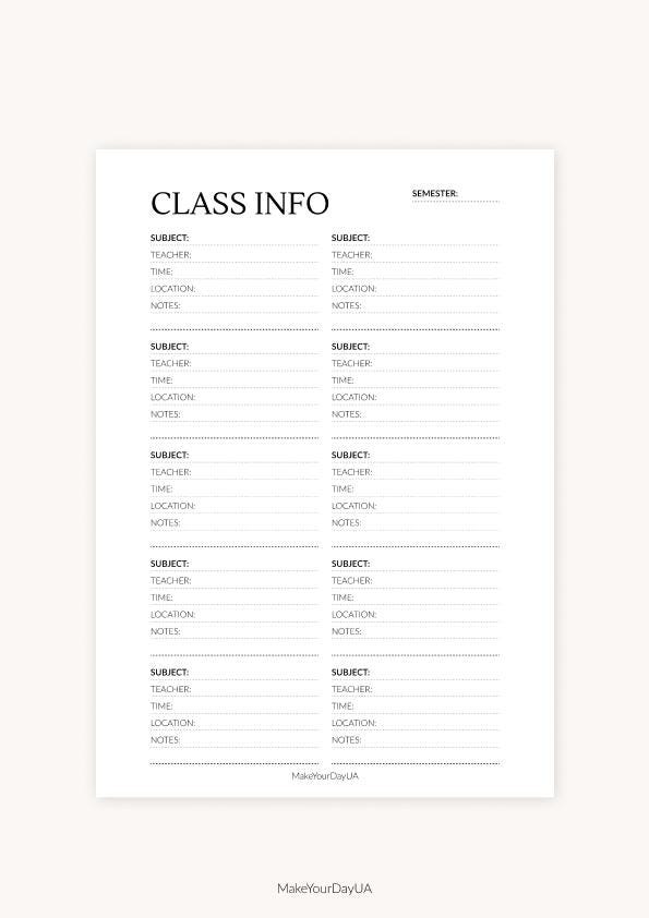 Class Info Template | Printable and Digital | A4, A5, B4, B5 | 9 Colors ...