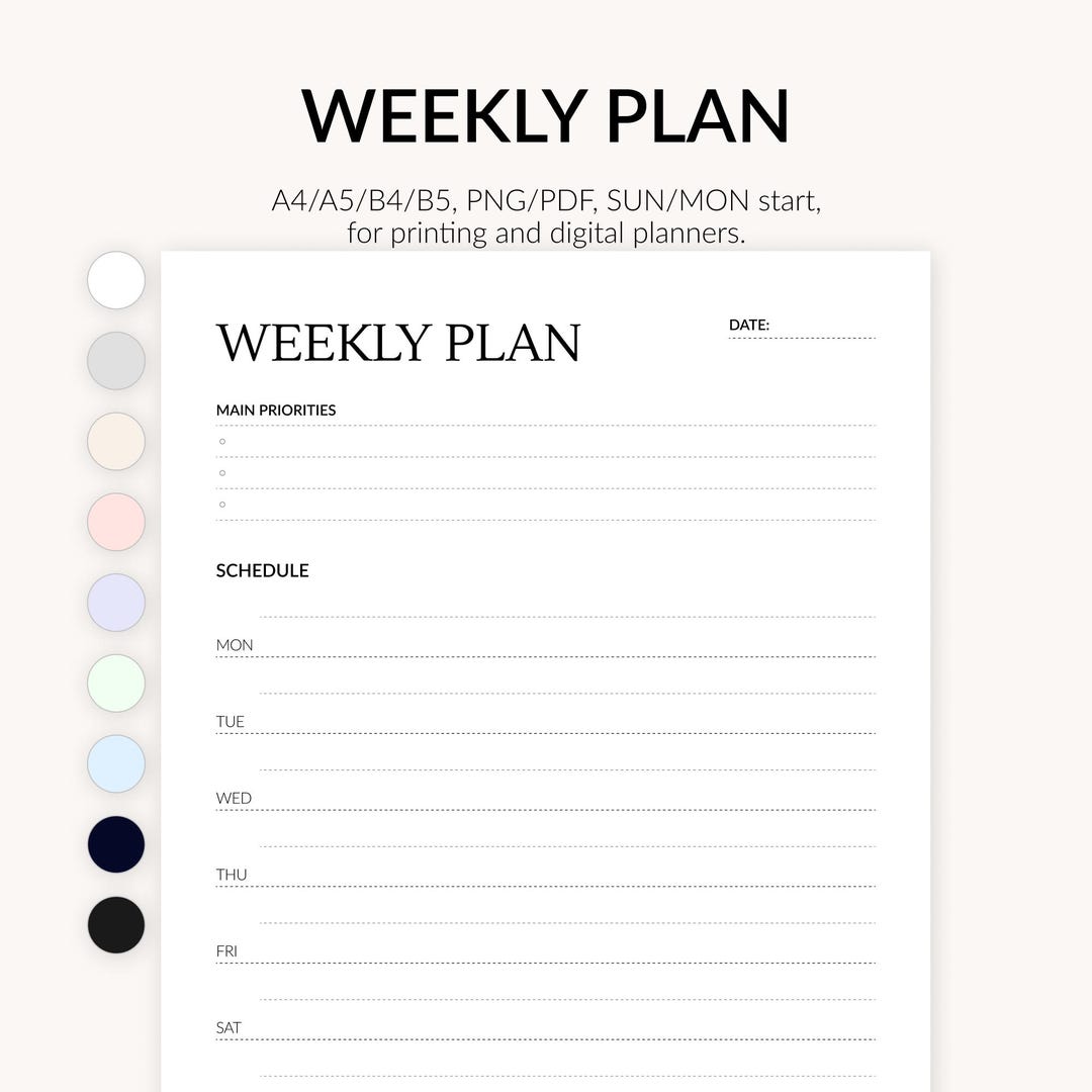 Weekly Planner Template | Priorities, Schedule, Achievements | Sunday ...