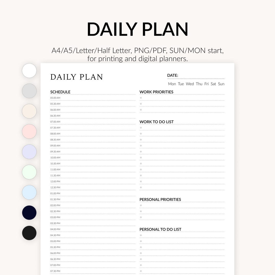 Daily Planner Printable & Digital A4, A5, Letter, Half Letter 9 Colors ...