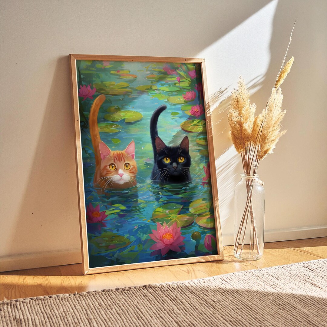 Monet Inspired Art Print: Whimsical Water Lilies Funny Cat Wall Art - Etsy