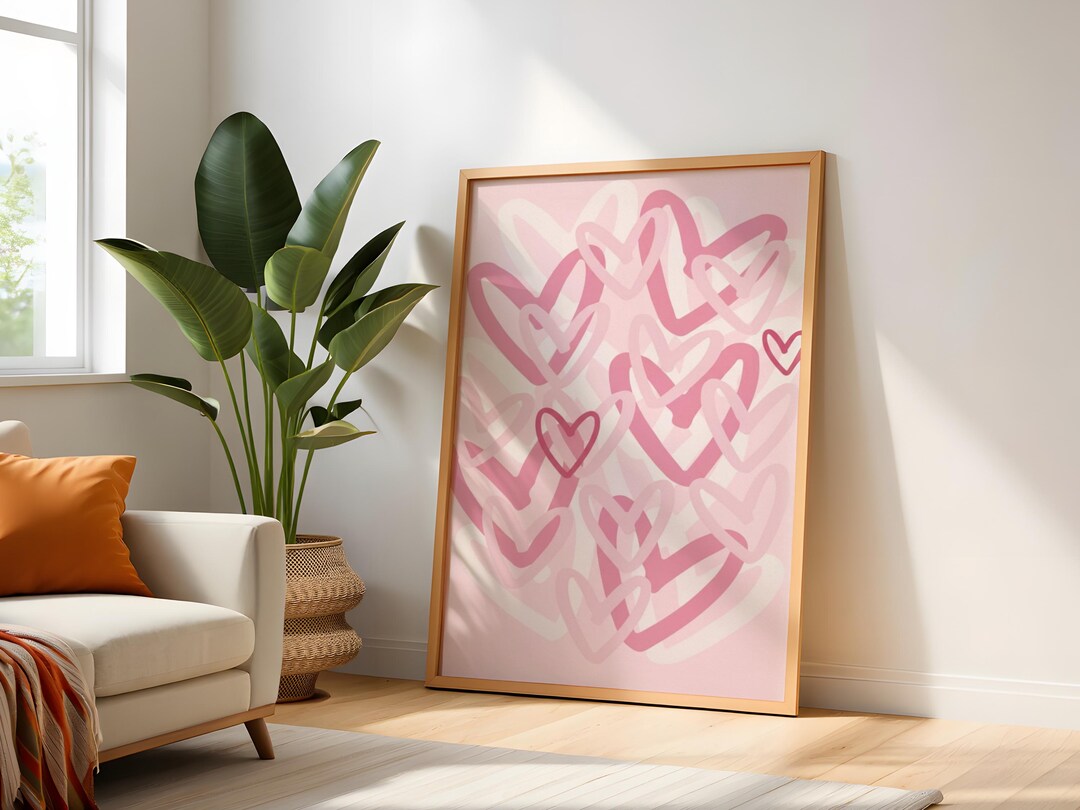 Pink Hearts Abstract Art Print, Girly Preppy Room Decor (digital ...