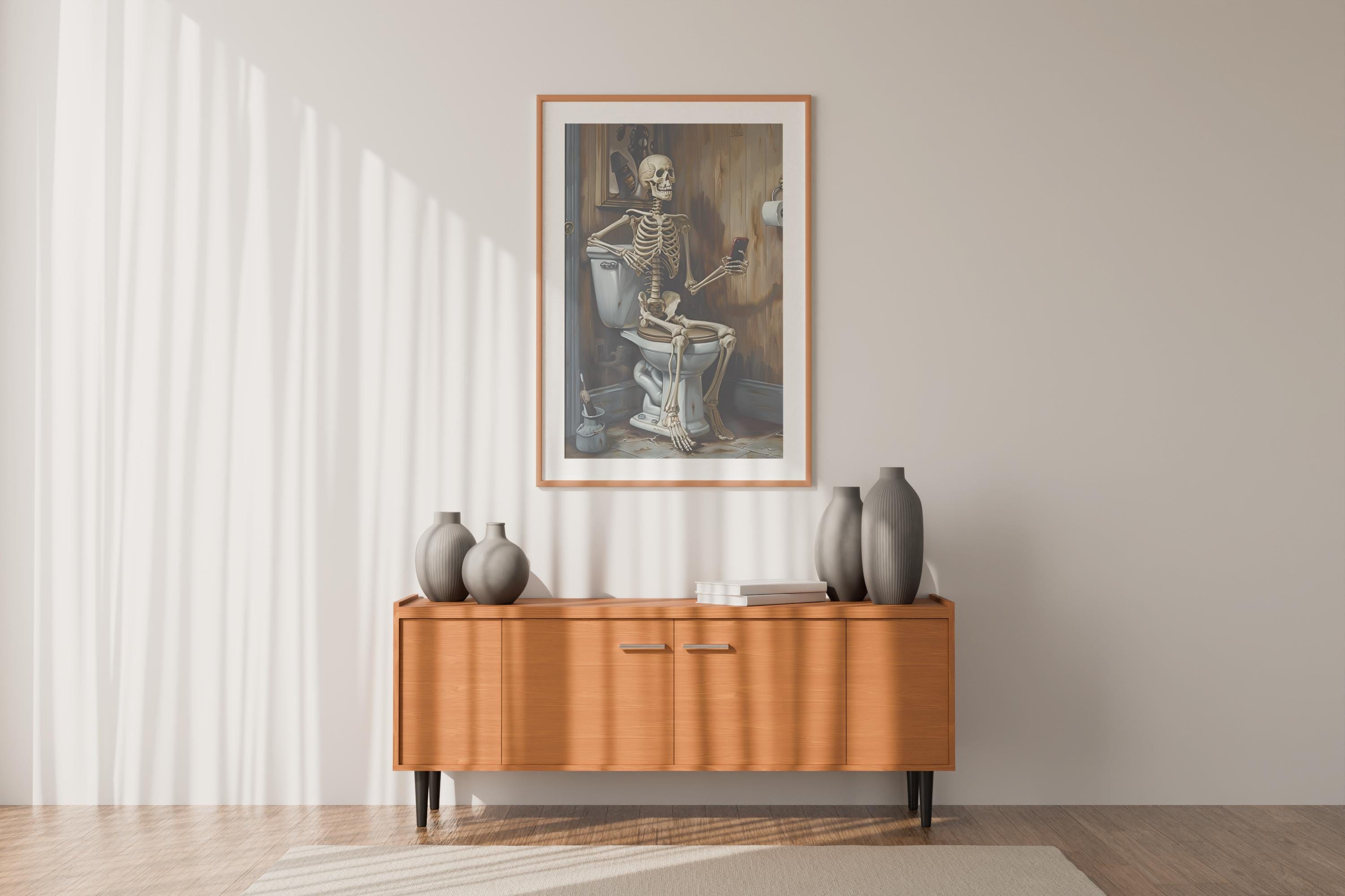 Skeleton on Toilet Art Print: Spooky Bathroom Halloween Decor (digital ...