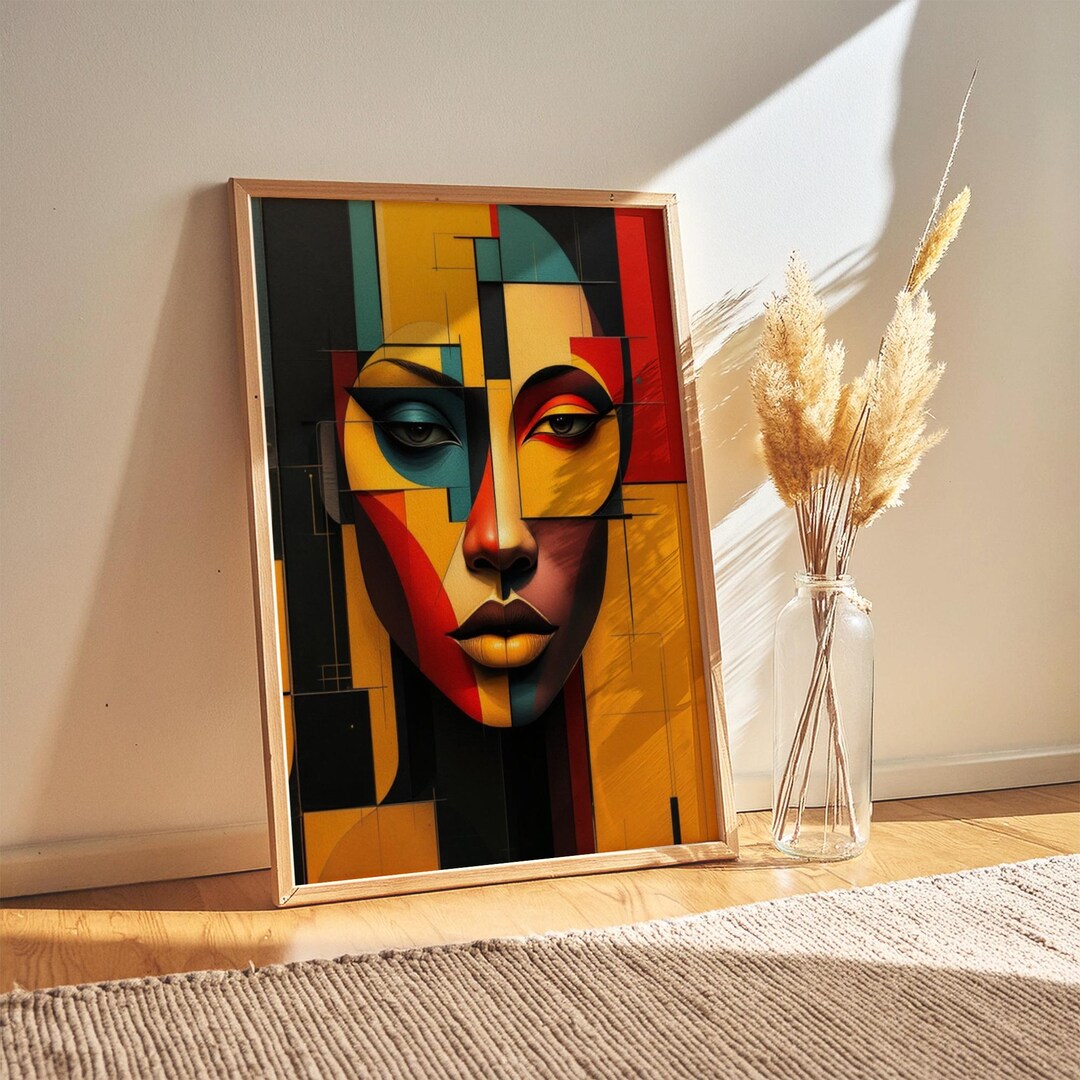 Abstract Tribal Cubist Mask Art | Bold Geometric Face Portrait | Warm ...
