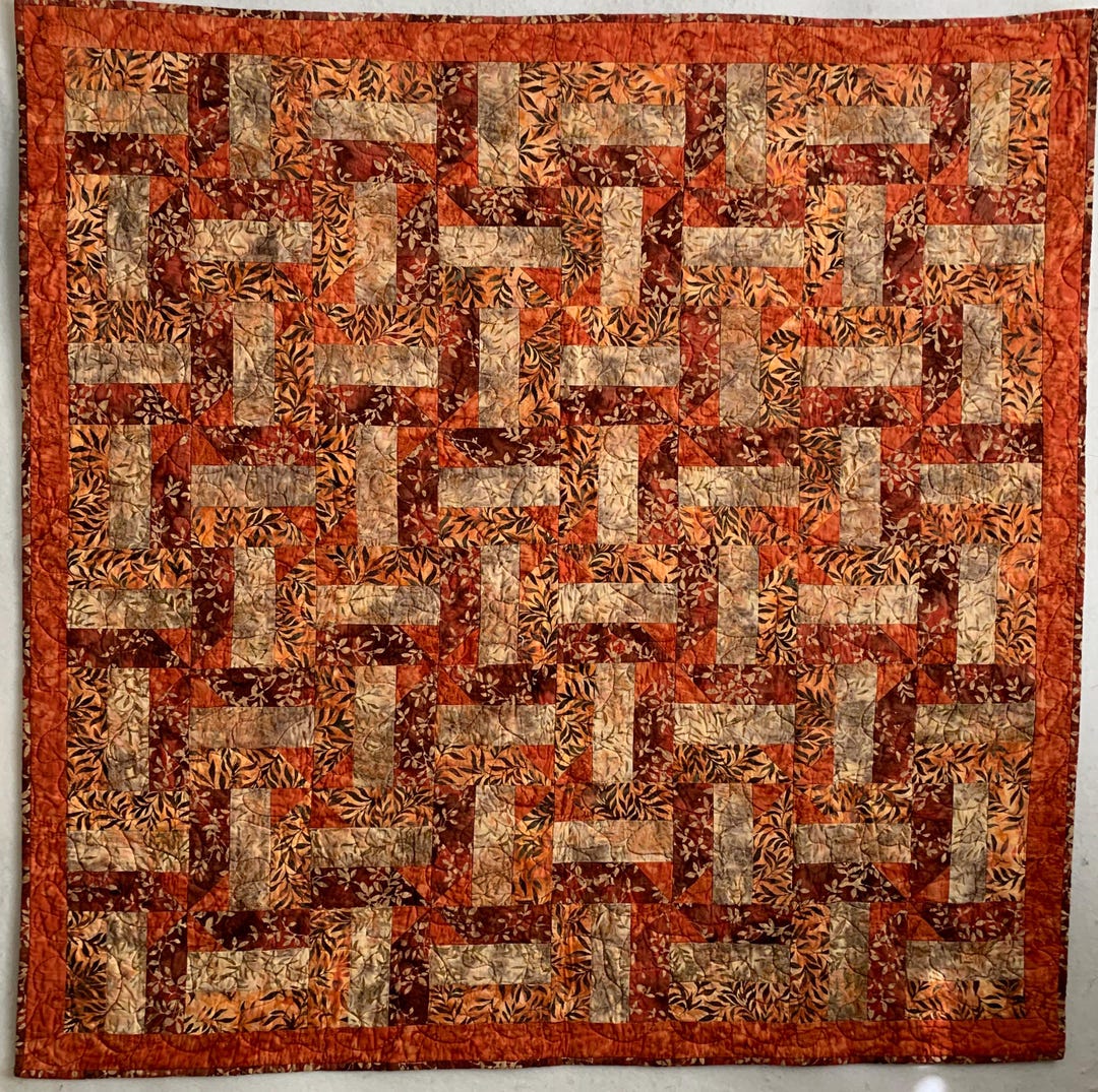 Handmade, Batik Quilt, 50" Square, Fall Leafy Batik Fabrics, 3-strip 6 ...