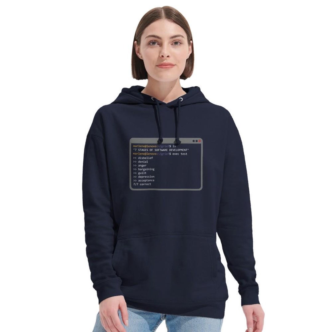 Personalized Console Hoodie: 7 Stages of Software Development / Seven Stages of Grief, IT Meme ...