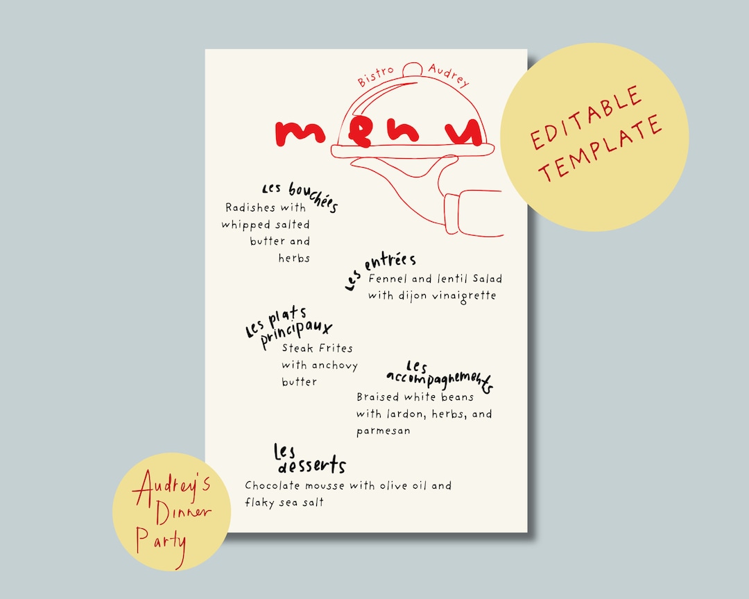 French Bistro Handwritten Printable Menu Template Scribble Dinner Party ...