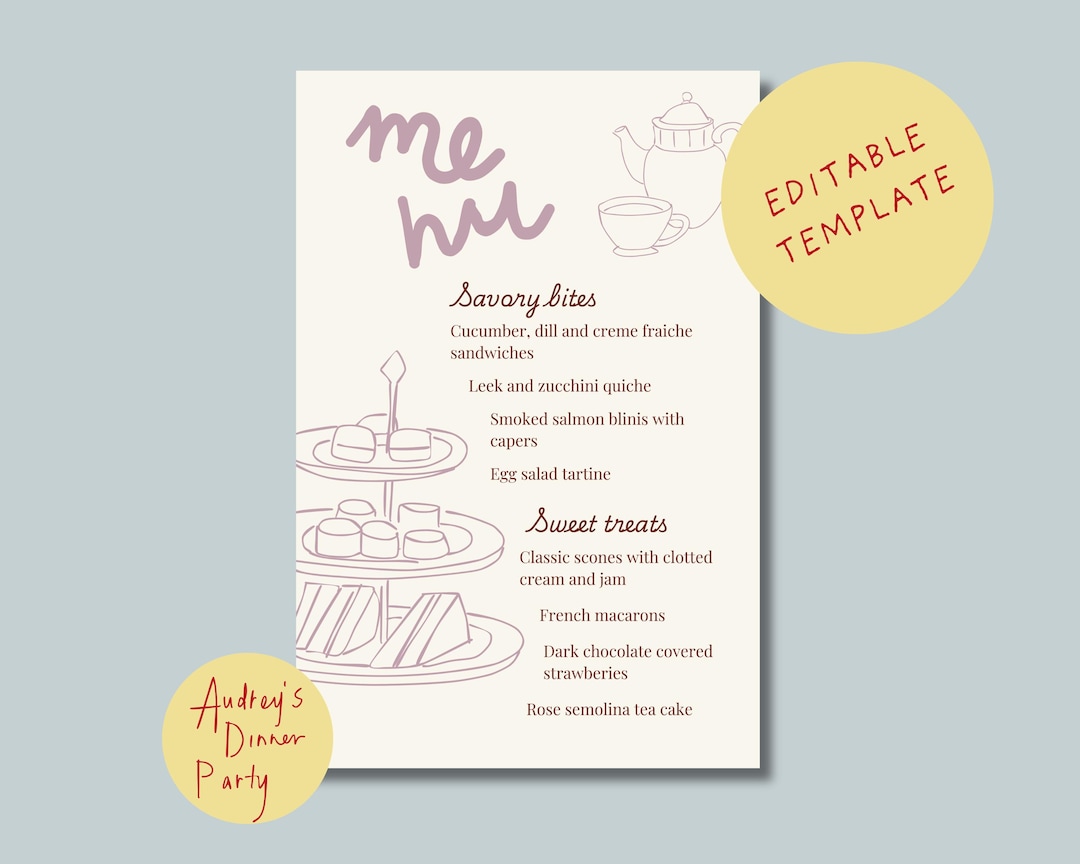 Tea Party Menu Template | Editable Canva Design | Customizable Menu for ...