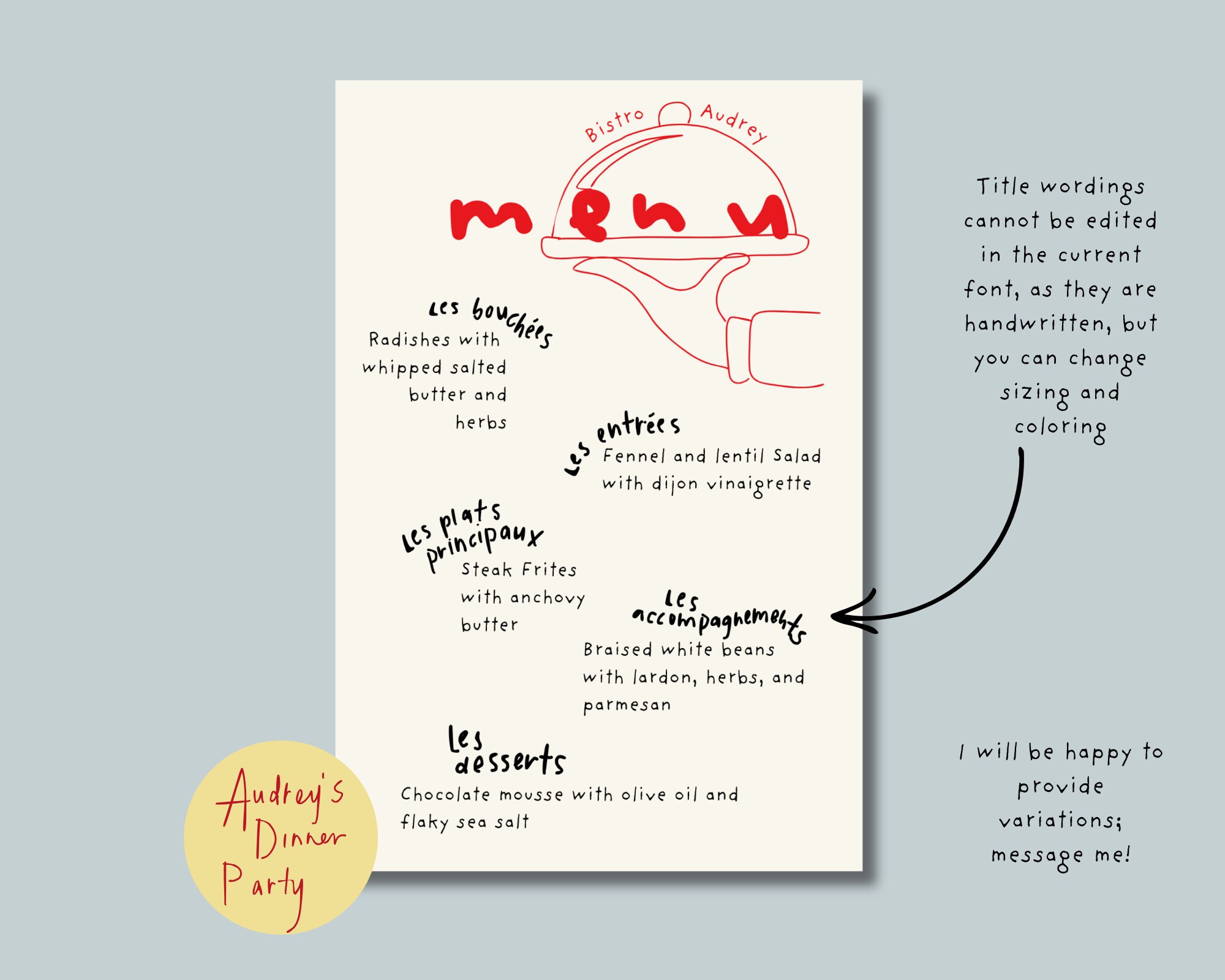 French Bistro Menu Template: Hand-lettered Dinner Party Stationery ...