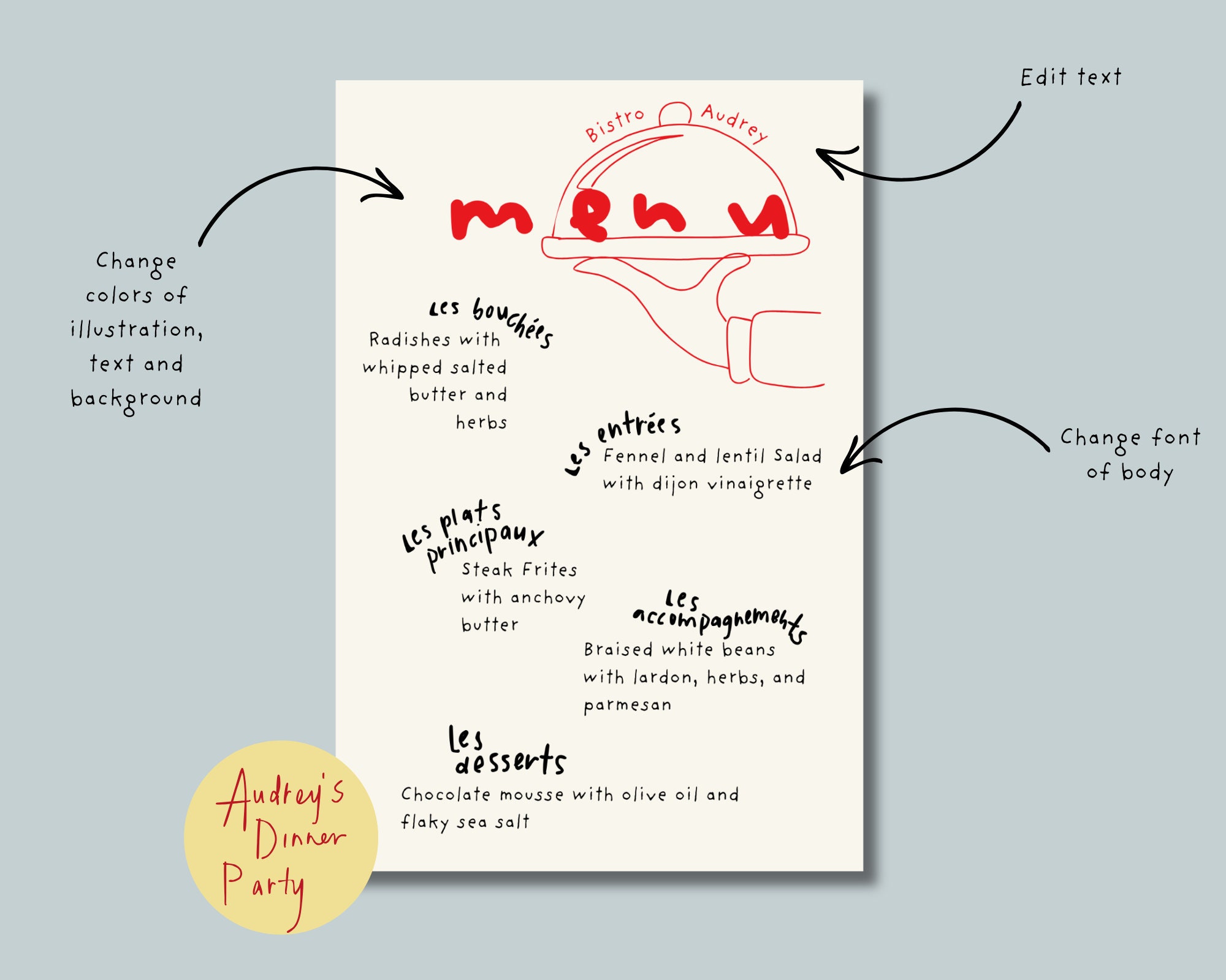 French Bistro Menu Template: Hand-lettered Dinner Party Stationery ...