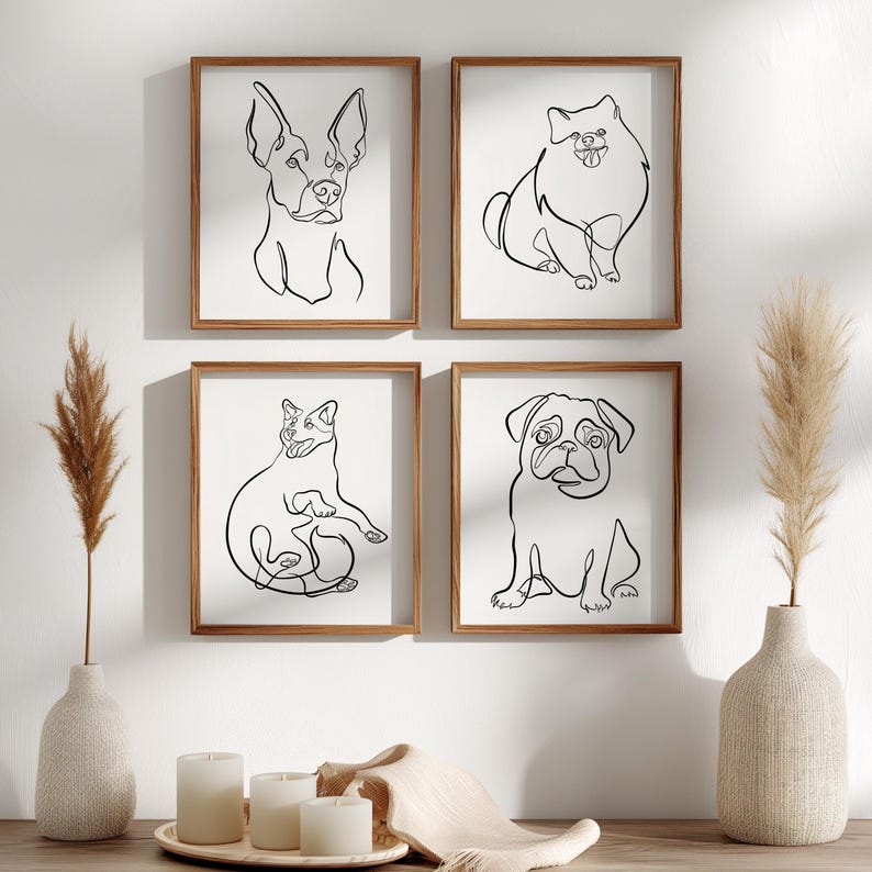 Minimalist Dog Line Art Print Set: Dachshund, Pug, Corgi (digital ...